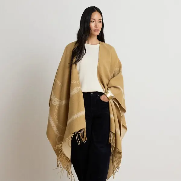 Ralph Lauren Belting-motif Jacquard Fringe-trim Ruana - Camel/cream