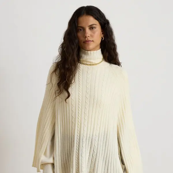 Ralph Lauren Cable & Rib-knit Mockneck Cape - Cream