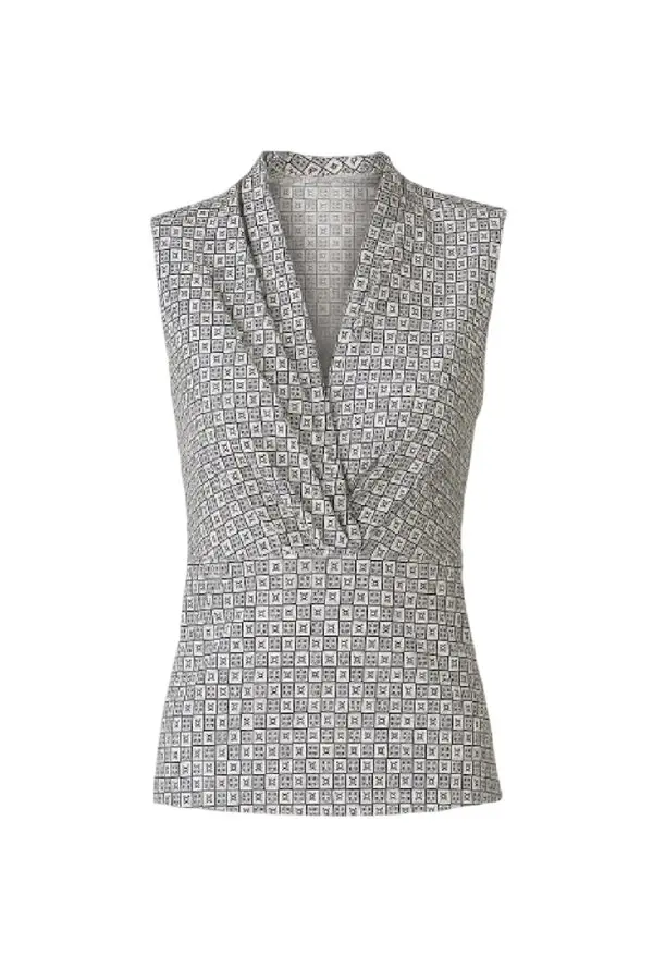 CONQUISTA Geometric Print Drape Neck Top – Sophisticated Modern Style - Grey