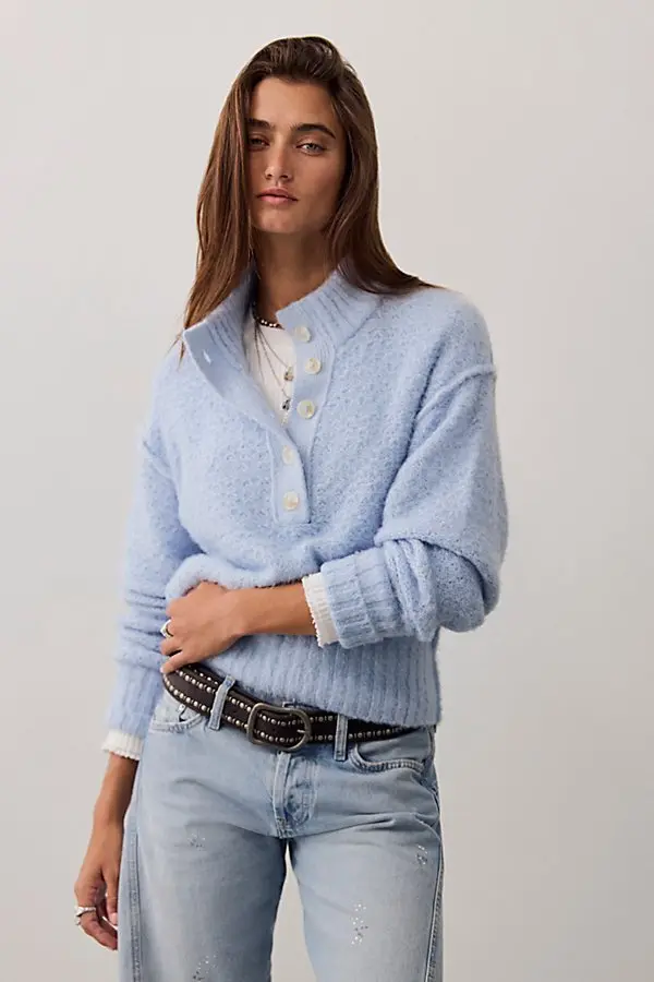 Free People Tucked Henley Pullover - Blue Snowflake Combo