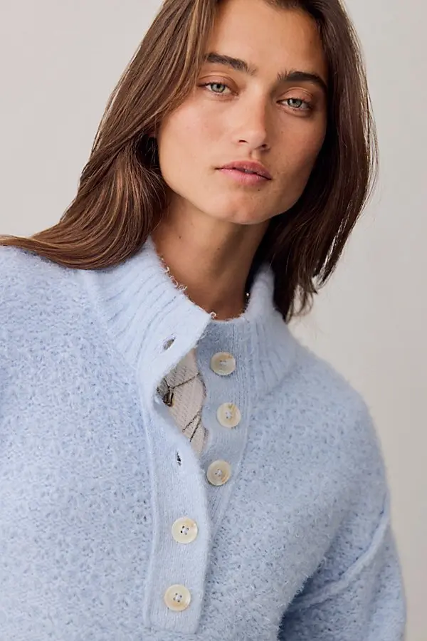Free People Tucked Henley Pullover - Blue Snowflake Combo