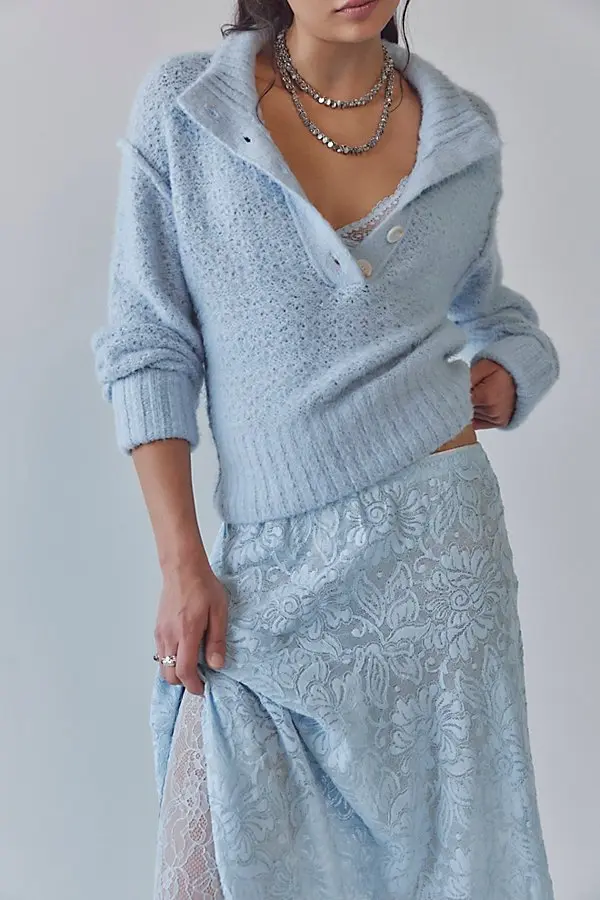 Free People Tucked Henley Pullover - Blue Snowflake Combo