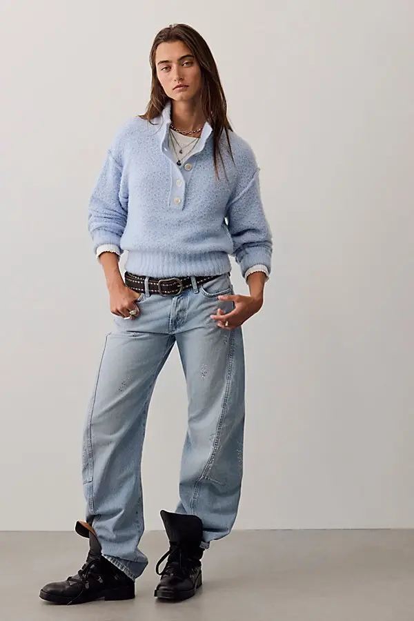 Free People Tucked Henley Pullover - Blue Snowflake Combo