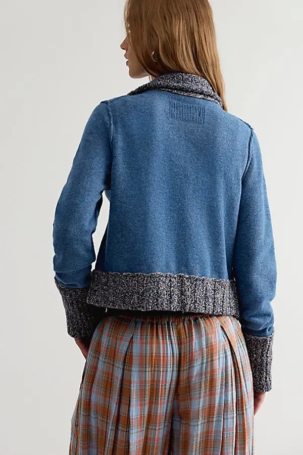 Free People We The Free Off Kilt Funnel-neck Wool Cardigen - Blue Flight Combo