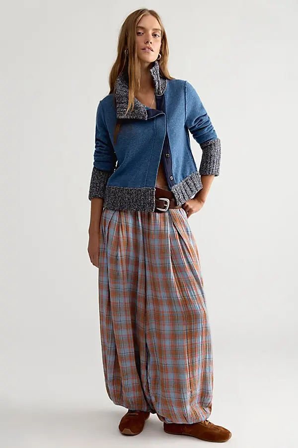 Free People We The Free Off Kilt Funnel-neck Wool Cardigen - Blue Flight Combo