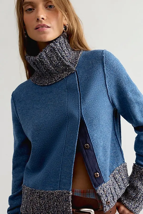Free People We The Free Off Kilt Funnel-neck Wool Cardigen - Blue Flight Combo