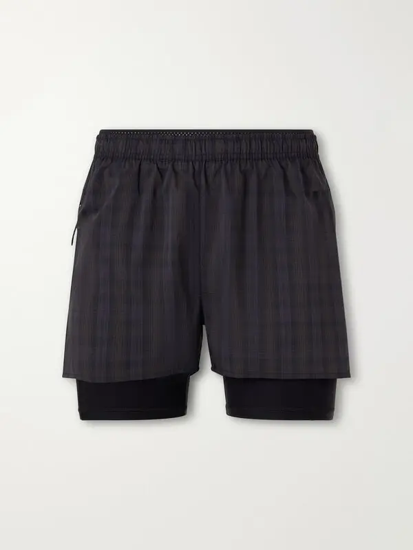 Literary Sport Myles Layered Checked Shell And Stretch-jersey Running Shorts - Brown