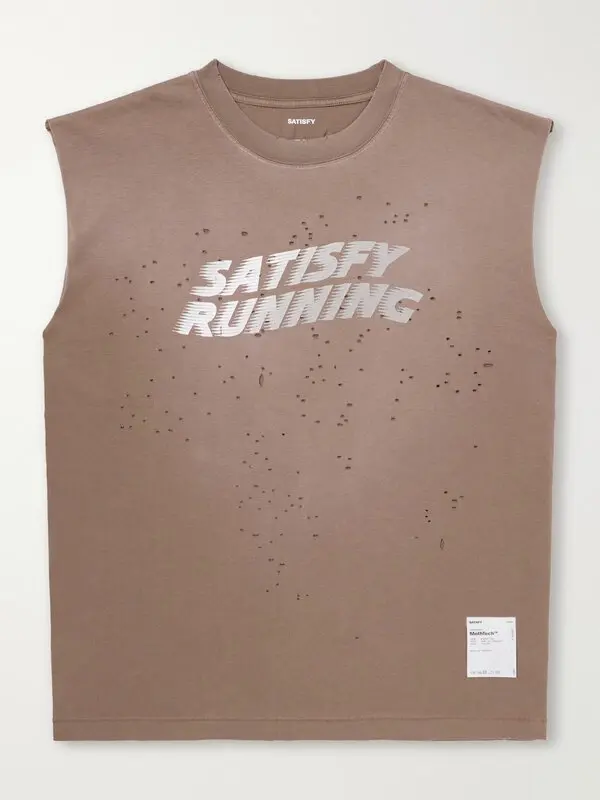 Satisfy Distressed Logo-print Mothtech™ Organic Cotton-jersey Tank Top - Brown
