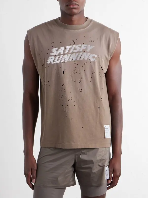 Satisfy Distressed Logo-print Mothtech™ Organic Cotton-jersey Tank Top - Brown