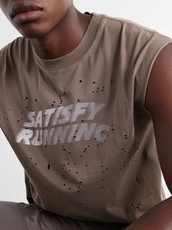 Satisfy Distressed Logo-print Mothtech™ Organic Cotton-jersey Tank Top - Brown