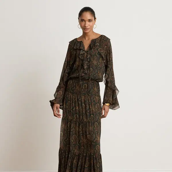 Ralph Lauren Paisley Ruffle-trim Georgette Maxidress - Green Multi