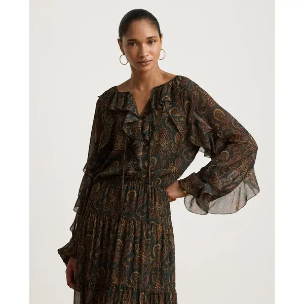 Ralph Lauren Paisley Ruffle-trim Georgette Maxidress