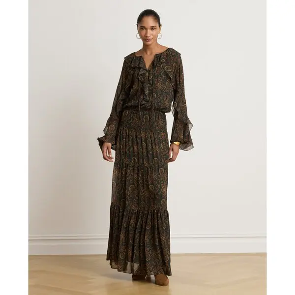 Ralph Lauren Paisley Ruffle-trim Georgette Maxidress