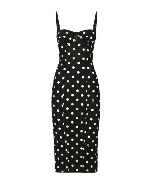 Dolce & Gabbana Dolce Gabbana Polka Dot Printed Sweetheart Neck Midi Dress - Black