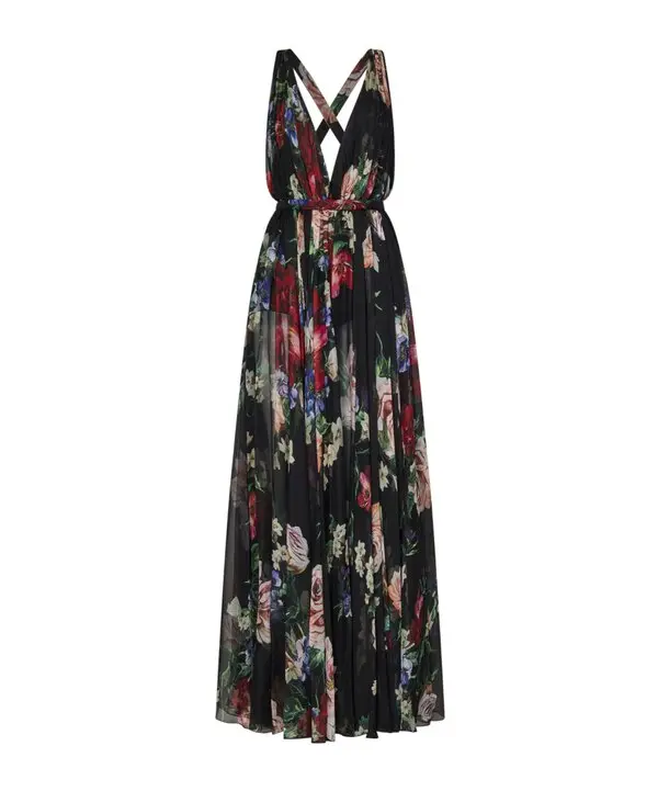 Dolce & Gabbana Dolce Gabbana Floral Printed Crossed Strap Midi Dress - Black