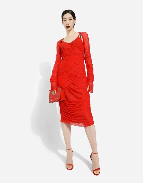 Dolce & Gabbana Dolce Gabbana Tulle Draped Long-sleeved Midi Dress