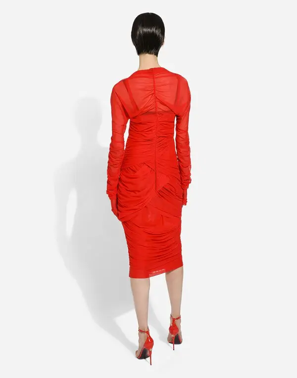 Dolce & Gabbana Dolce Gabbana Tulle Draped Long-sleeved Midi Dress