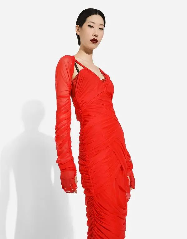 Dolce & Gabbana Dolce Gabbana Tulle Draped Long-sleeved Midi Dress