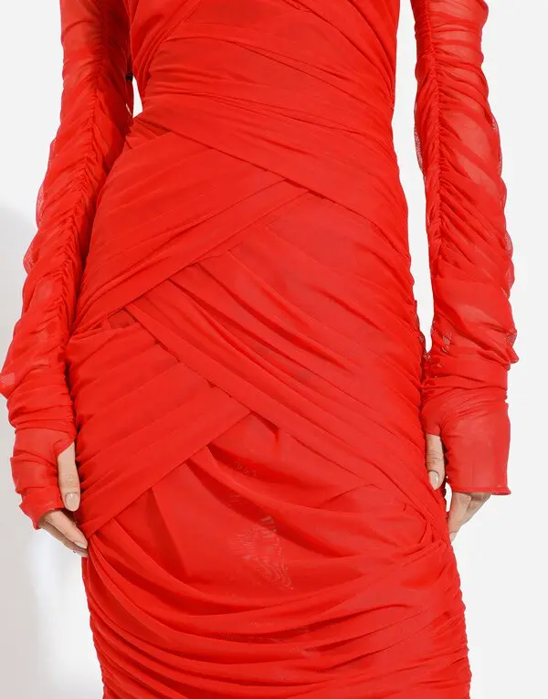 Dolce & Gabbana Dolce Gabbana Tulle Draped Long-sleeved Midi Dress