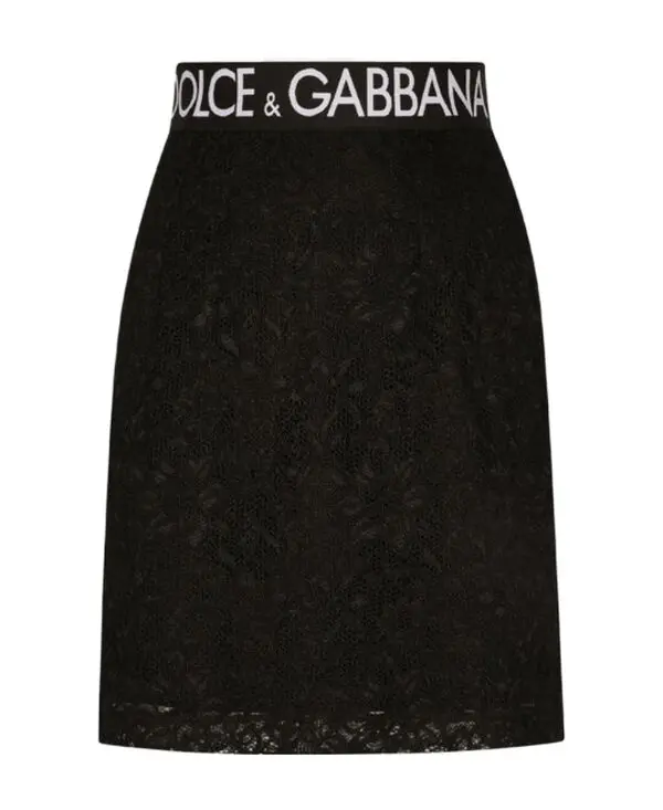 Dolce & Gabbana Dolce Gabbana Branded Waistband Mini Lace Skirt - Black