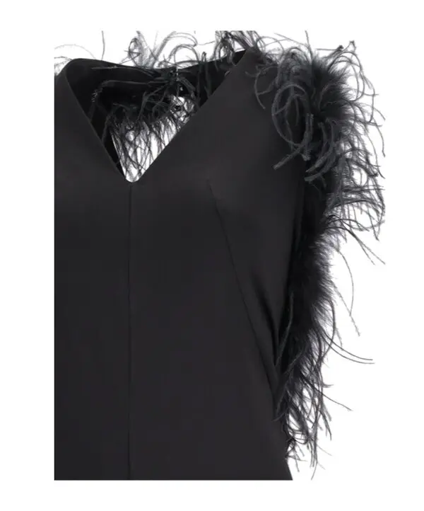 Blumarine Long Jersey Dress With Deep Neckline And Marabou Details