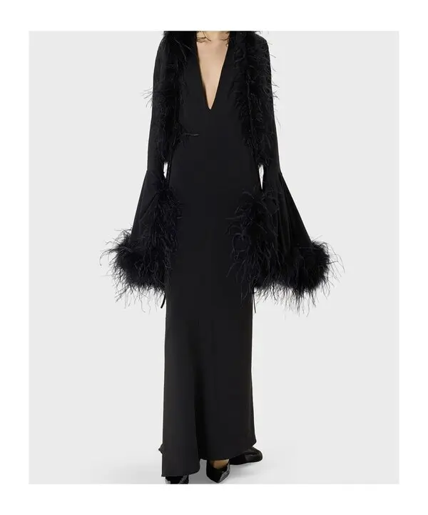 Blumarine Long Jersey Dress With Deep Neckline And Marabou Details