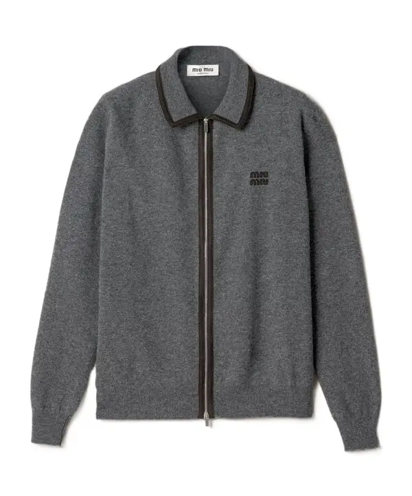 Miu Miu Wool And Cashmere Cardigan With Suede Details - Slate Grey