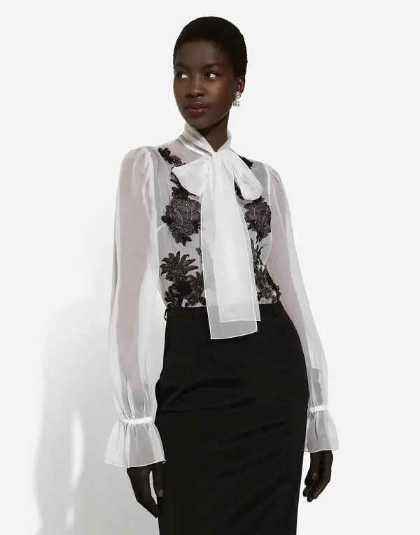 Dolce & Gabbana Dolce Gabbana Lace Patch Pussy-bow Shirt