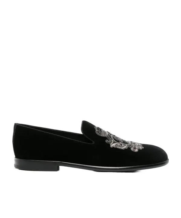 Dolce & Gabbana Dolce Gabbana Coat Of Arms Embroidered Velvet Loafers - Black