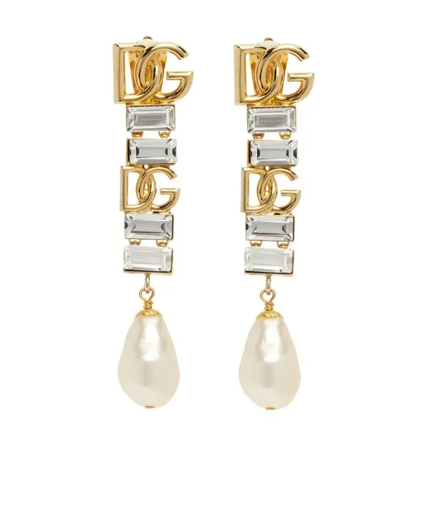 Dolce & Gabbana Dg Logo Crystal And Faux Pearl-detail Drop Earrings - Yellow