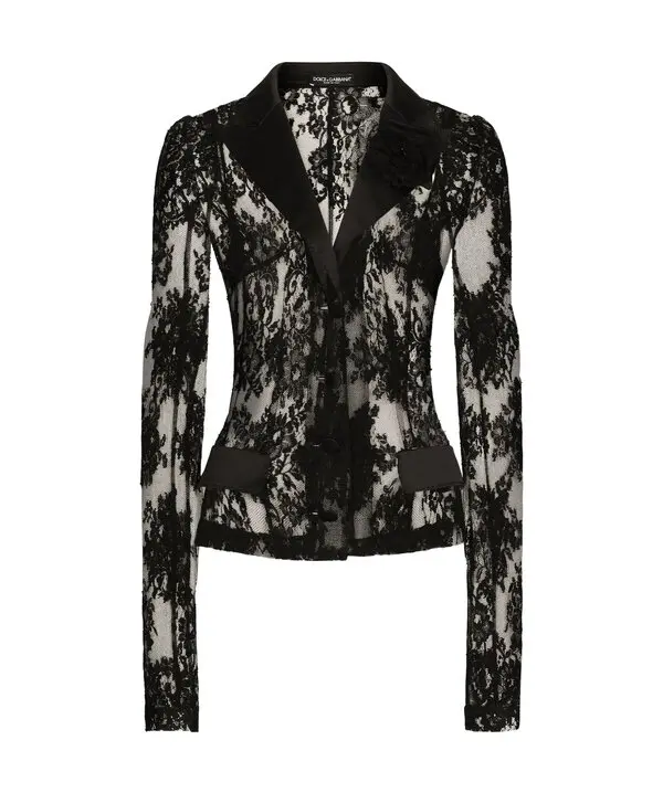 Dolce & Gabbana Dolce Gabbana Satin Detailed Floral Lace Jacket - Black