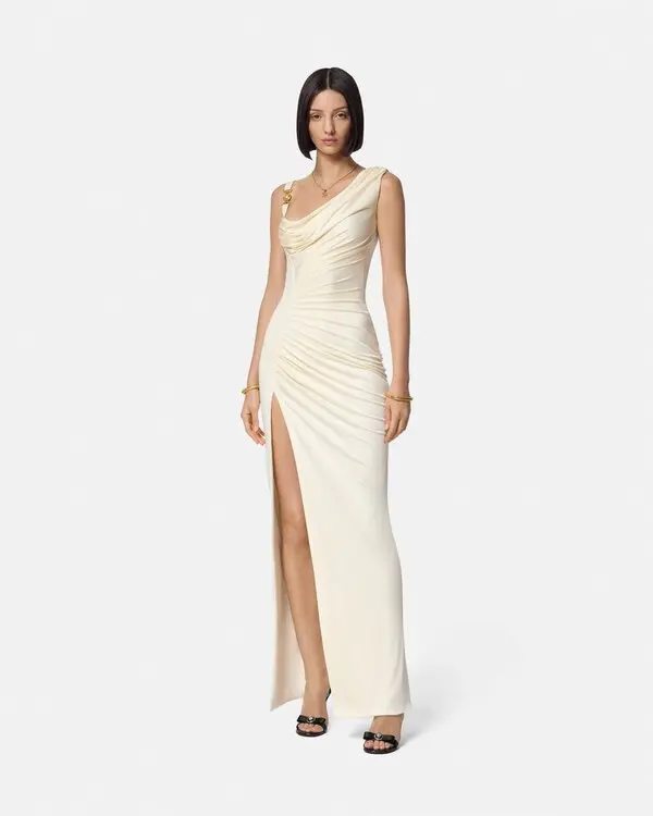 Versace Medusa Head Logo Plaque Side-slit Maxi Dress