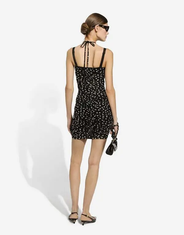 Dolce & Gabbana Dolce Gabbana Polka-dot Printed Draped Mini Tulle Dress