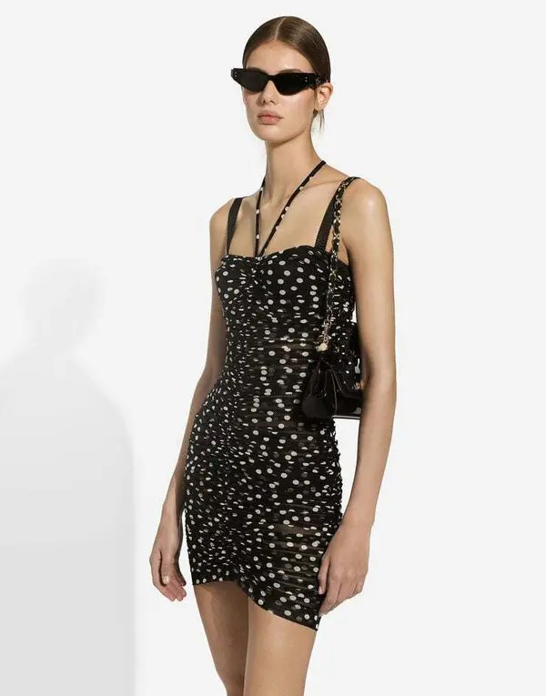 Dolce & Gabbana Dolce Gabbana Polka-dot Printed Draped Mini Tulle Dress