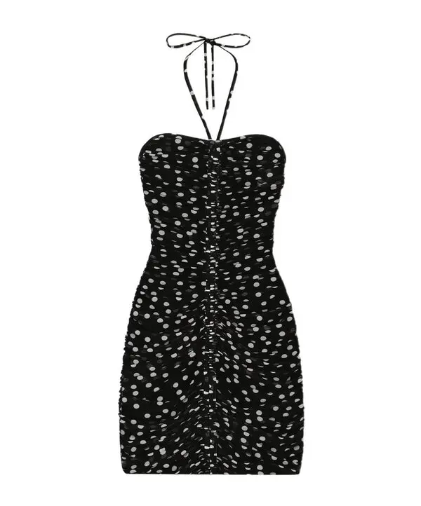 Dolce & Gabbana Dolce Gabbana Polka-dot Printed Draped Mini Tulle Dress - Black