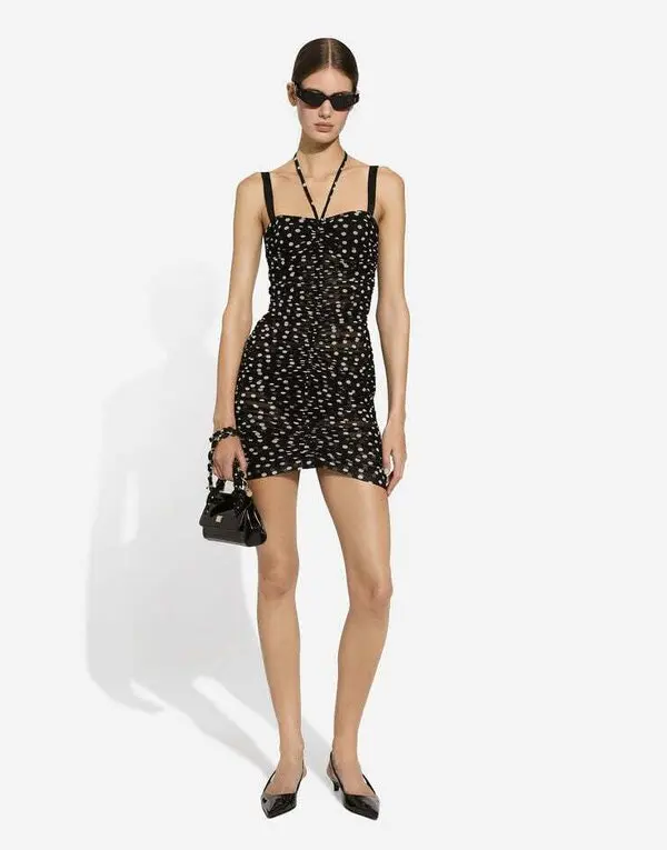 Dolce & Gabbana Dolce Gabbana Polka-dot Printed Draped Mini Tulle Dress - Black