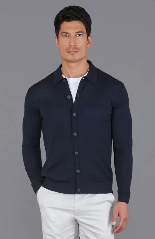 PAUL JAMES Extra Fine Merino Wool Polo Cardigan - Navy