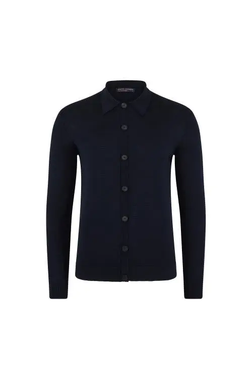 PAUL JAMES Extra Fine Merino Wool Polo Cardigan - Navy