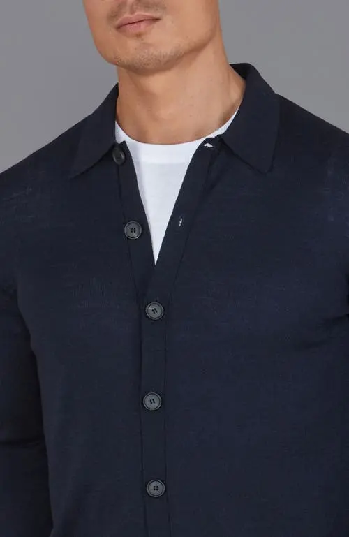 PAUL JAMES Extra Fine Merino Wool Polo Cardigan - Navy