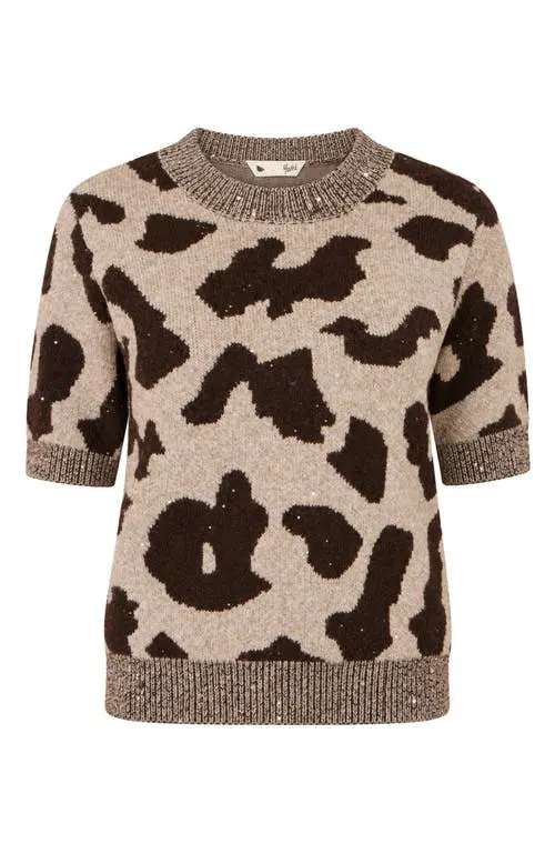 YUMI Leopard Intarsia Short Sleeve Sweater