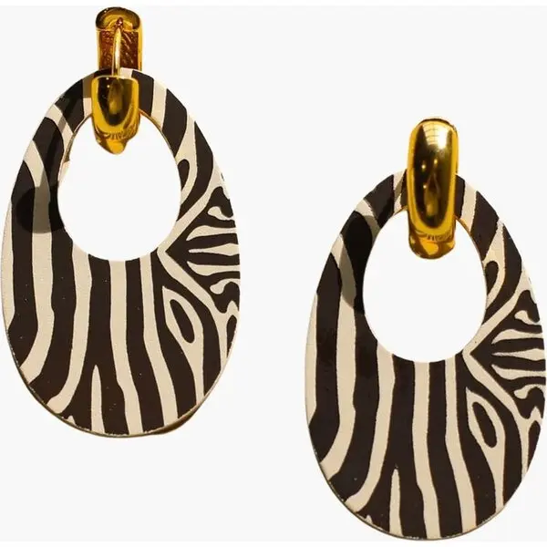 NICKEL & SUEDE Olivia Leather Hoop Earrings - Zebra/gold