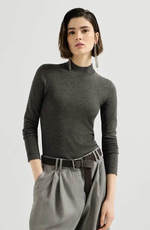 Brunello Cucinelli Sparkling Virgin Wool Mock Neck Long Sleeve T-shirt With Monili - Anthracite