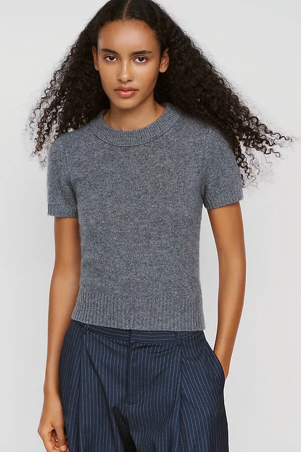 Maeve Mercer Cashmere Stretch Short Sleeve Sweater - Shadow