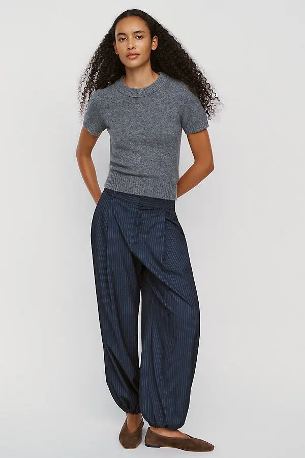 Maeve Mercer Cashmere Stretch Short Sleeve Sweater - Shadow
