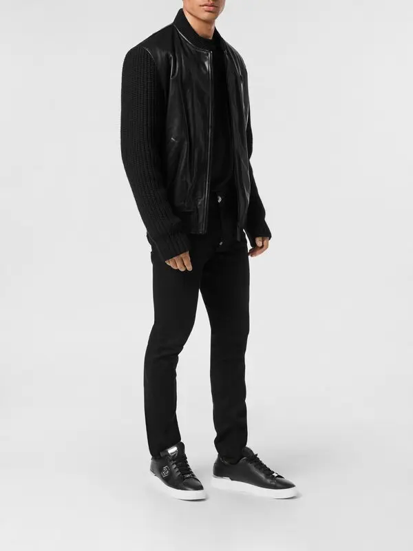 Philipp Plein Ribbed Wool Bomber Jacket With Calfskin Sleeves And Hexagon Logo