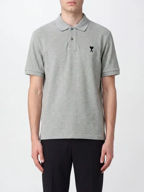 AMI Paris Cotton Short-sleeved Polo Shirt With Embroidered Logo - Grey