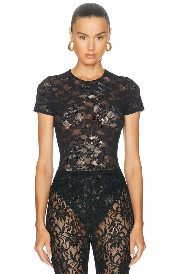 FLEUR DU MAL Le Stretch Lace Short Sleeve Bodysuit - Black