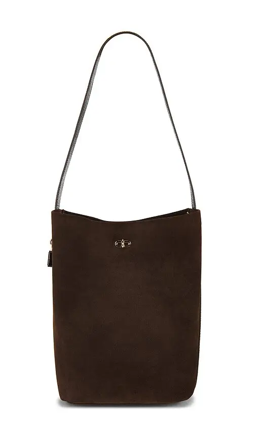 Tory Burch Lock Suede Slim Bucket Bag In Chocolate - Dark Coco