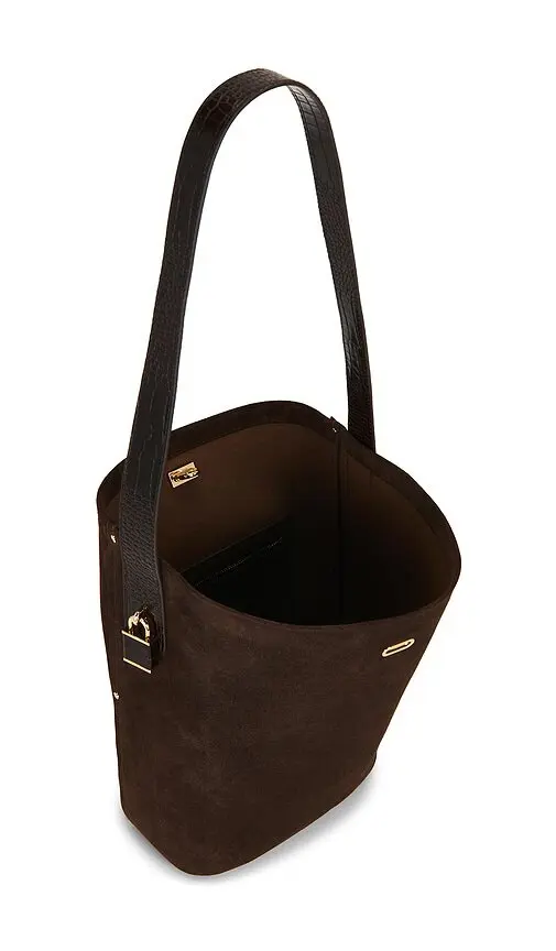Tory Burch Lock Suede Slim Bucket Bag In Chocolate