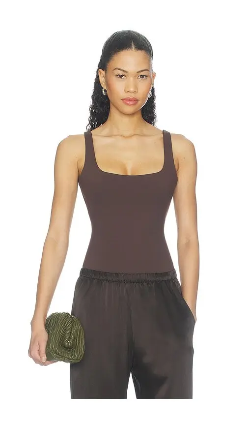 Susana Monaco Essential Low Back Tank Thong Back Bodysuit In Chocolate - Java